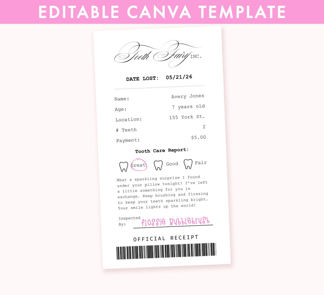 EDITABLE Tooth Fairy Receipt Template | Printable Tooth Fairy Letter ...