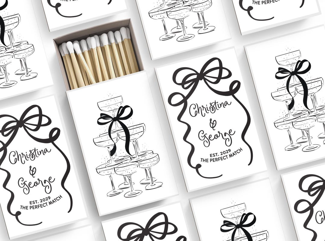 Coquette Ribbon and Bow Wedding Matches - SET OF 50 - Hand Drawn ...