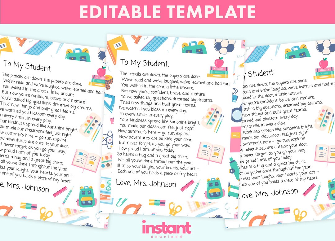 End of School Year Student Letter - Last Day of School - Student Gift ...