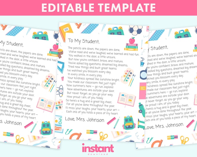 End of the Year Student Goodbye Letter Poem | Printable Teacher Handout ...