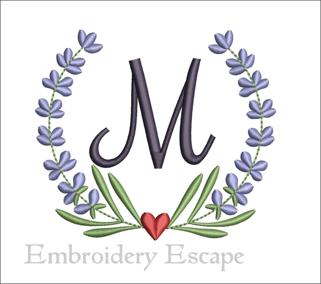 Letter M Embroidery Design, Monogram Letter Design, Lavender Wreath ...