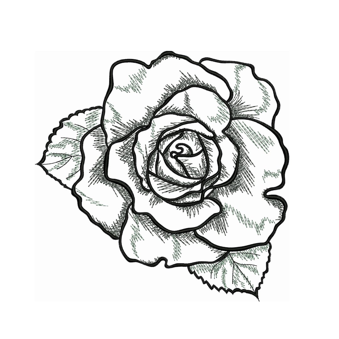 Large Black Rose Sketch Embroidery, Rose Flower Machine Embroidery ...
