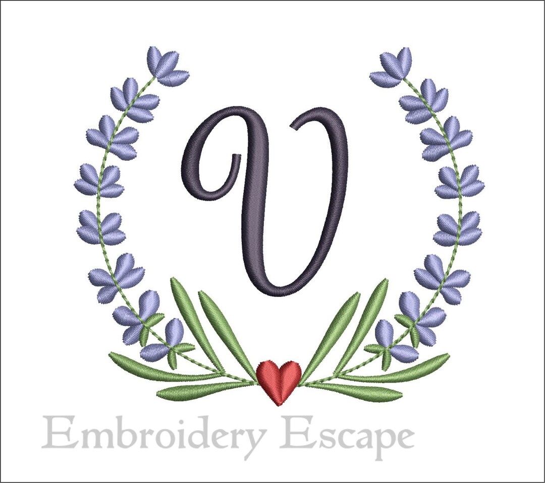 Letter V Embroidery Design, Monogram Letter Design, Lavender Wreath ...