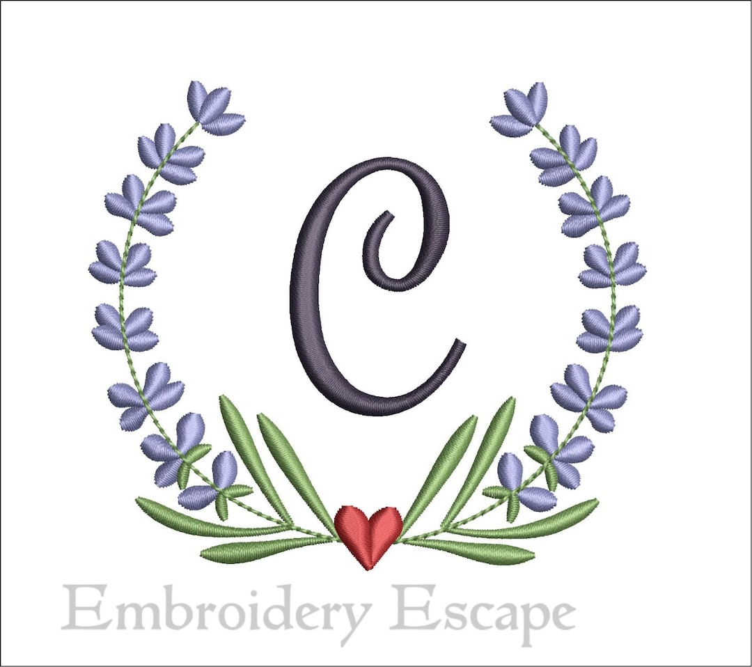 Lavender Wreath Letter C Embroidery, Floral Letter Embroidery Design ...