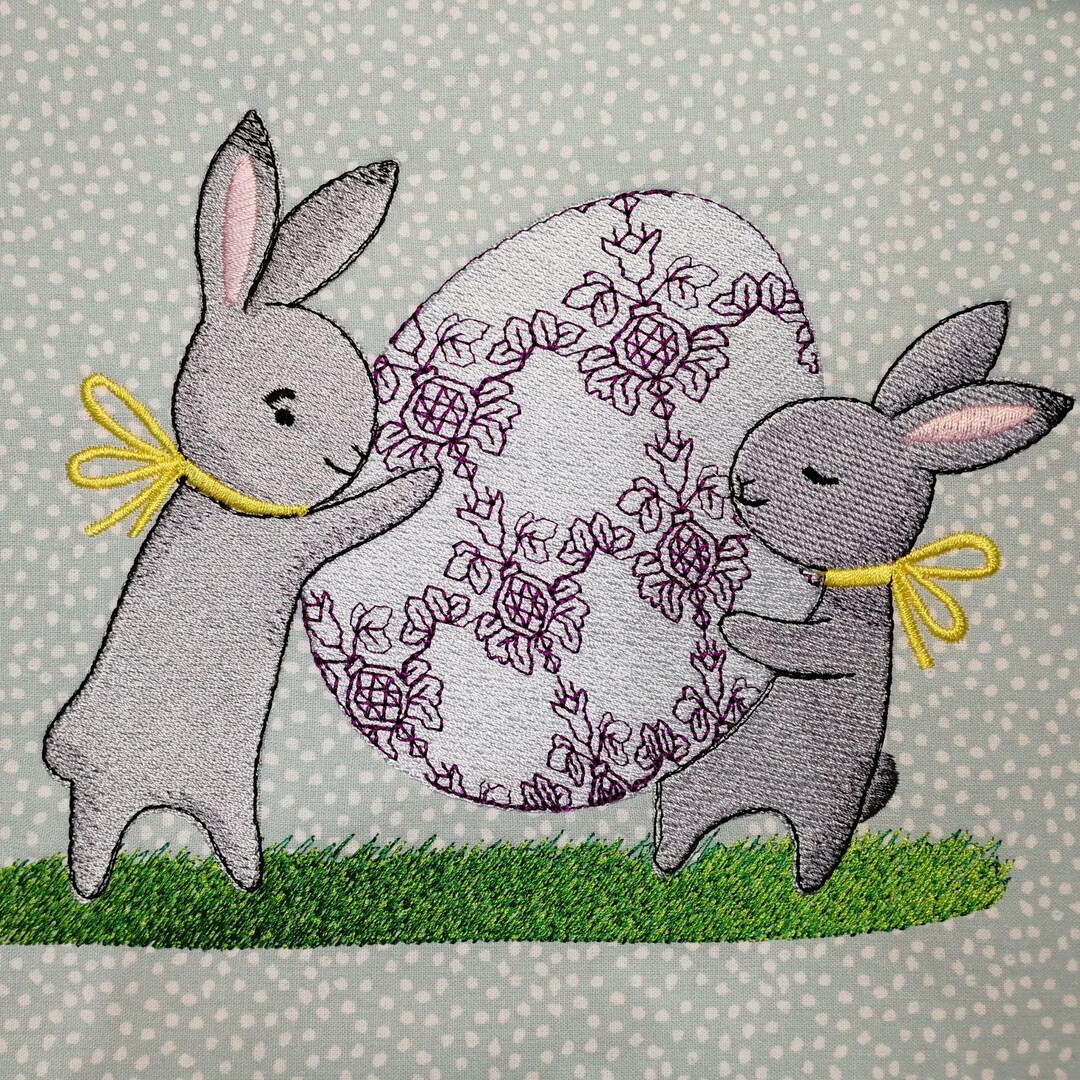 Cute Bunnies Embroidery Design - Bunnies With Egg Embroidery Design ...