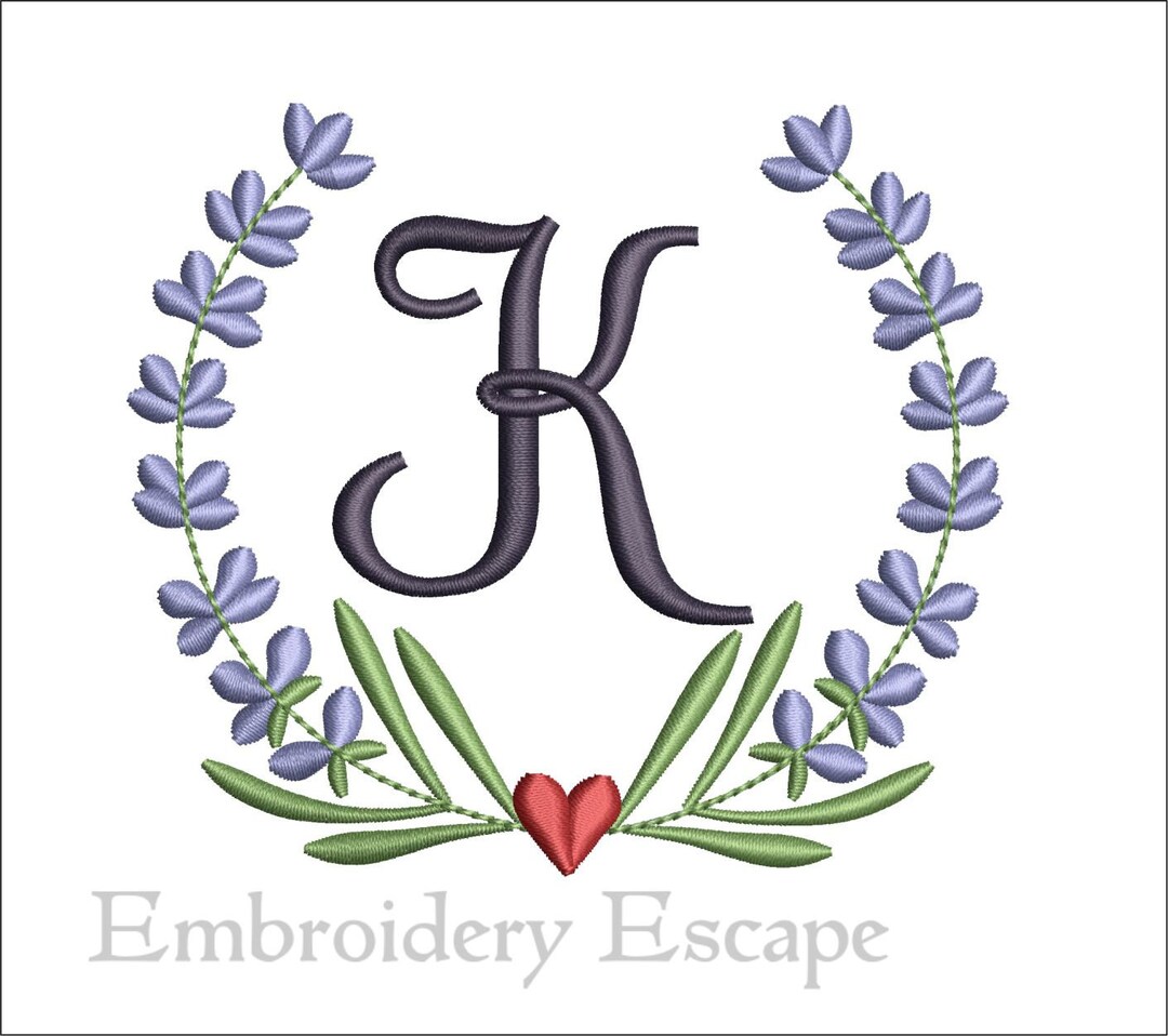 Letter K Embroidery Design, Monogram Letter Design, Lavender Wreath ...