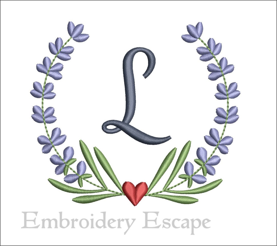 Letter L Embroidery Design, Monogram Letter Design, Lavender Wreath ...