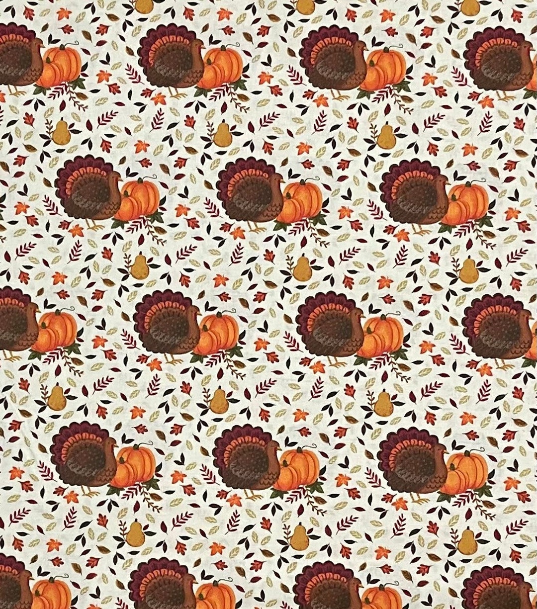 Thanksgiving Fall Turkey on Cream Fabric, Surrounded By, Pumpkins ...