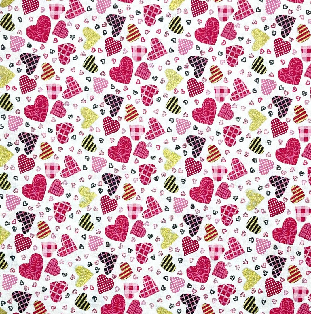 Patterned Hearts With Gold Glitter on White Fabric, Tossed Shimmer ...