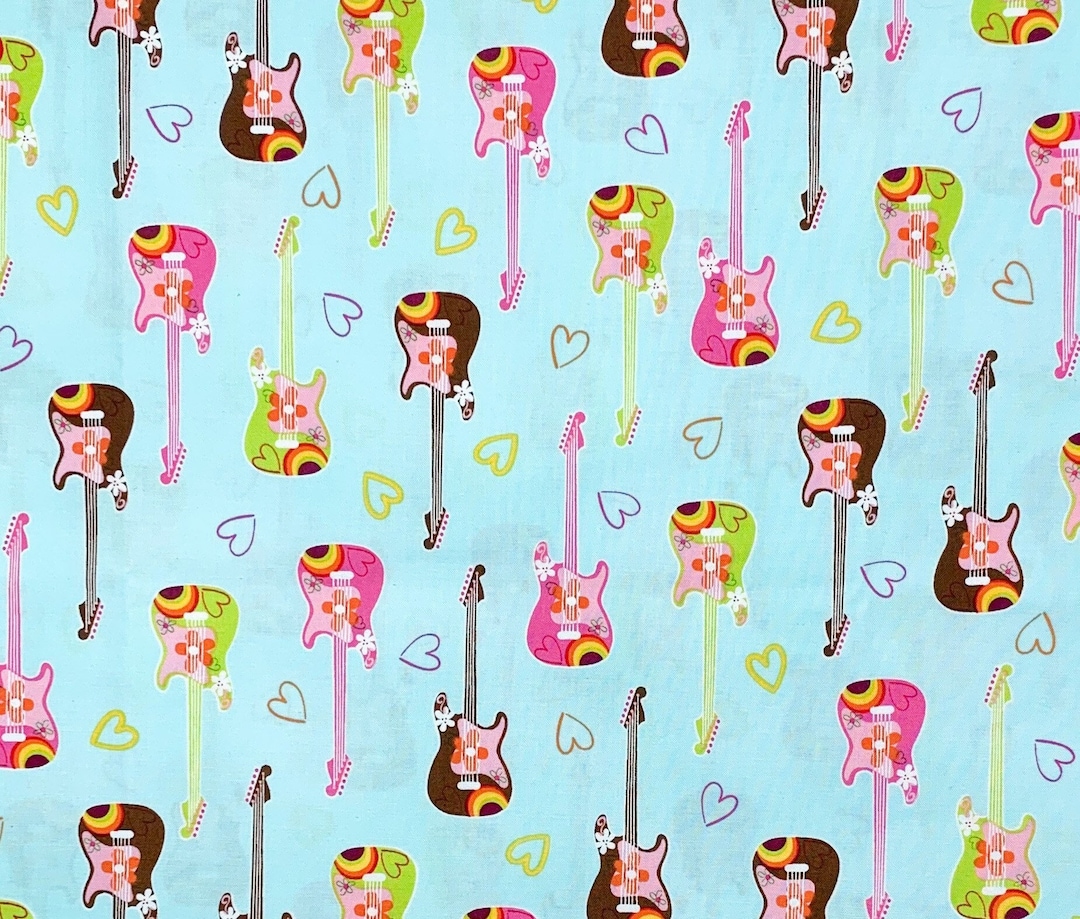 Groovy Retro Guitar Blue Fabric, Sixties Seventies Vintage Look, Cotton ...