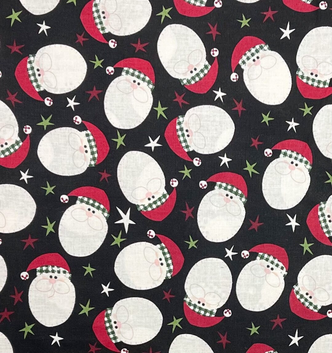 Stitched Santa Claus Head on Black Fabric, Stars Christmas Cotton Woven ...
