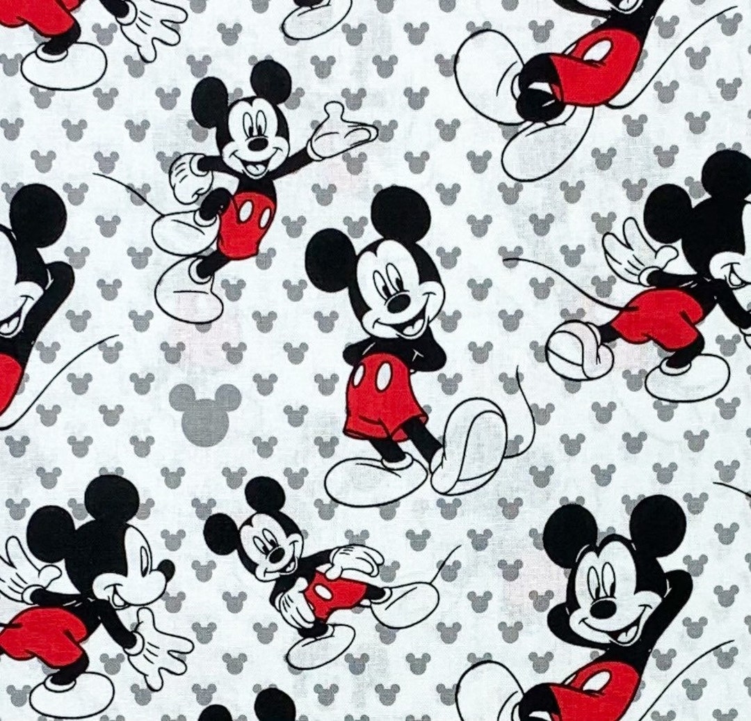 Mickey Mouse on White Fabric, Relaxing Mickey Design 100% Cotton Woven ...