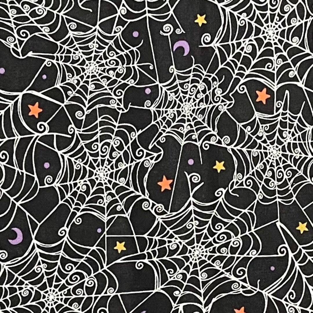 White Spider Webs on Black Fabric, Swirl, Orange Yellow Stars, Moons ...