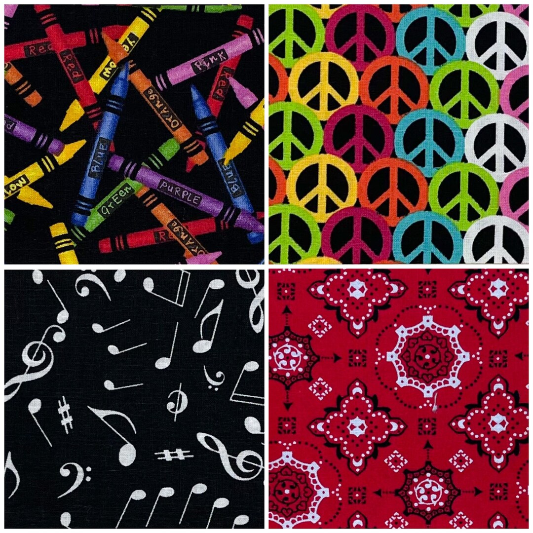 Peace sign fat quarters fabric, crayons, musical notes, red bandana ...