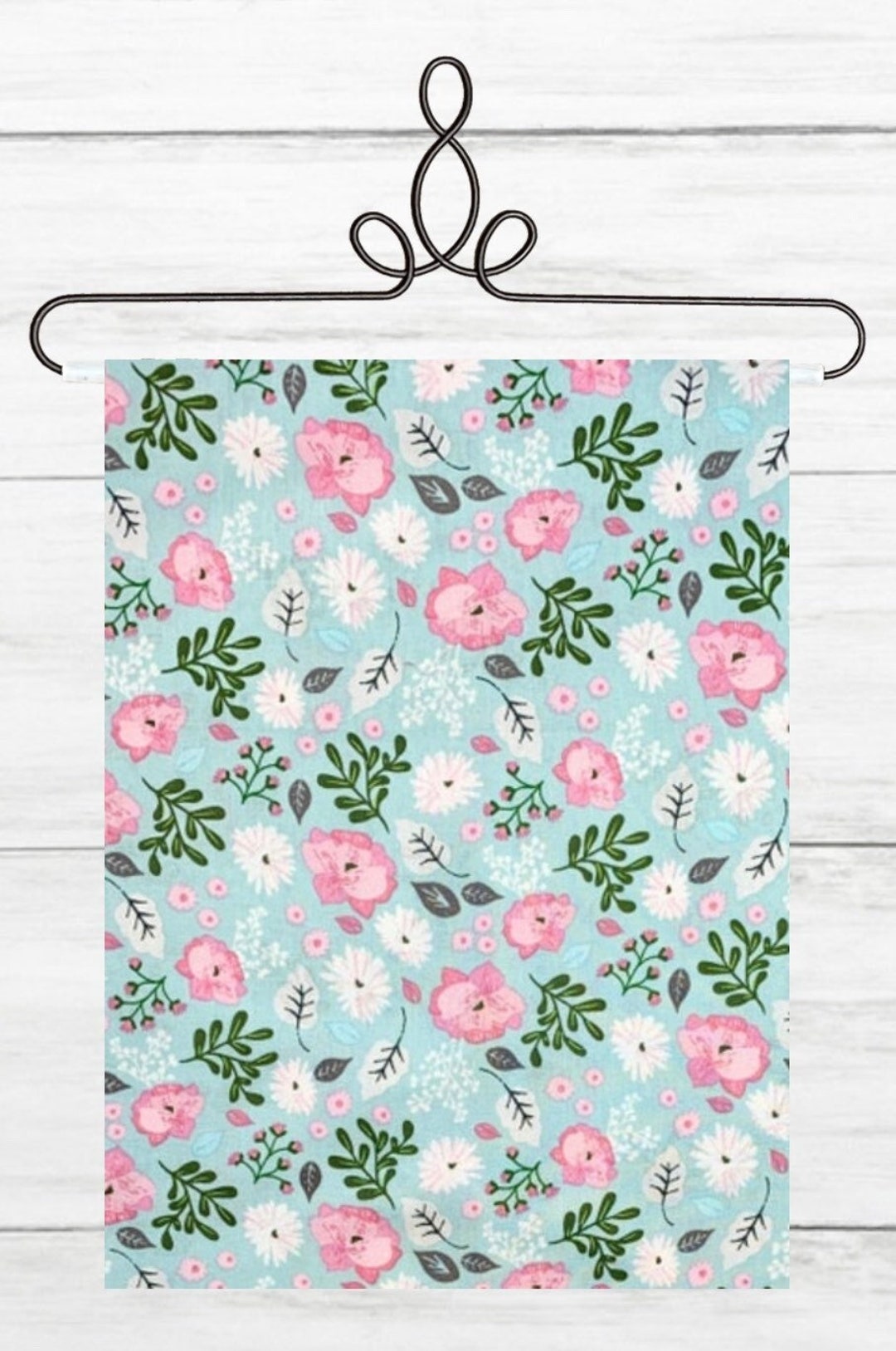 Spring Flower Fabric, Pink and White Flowers on Blue, Greenery Easter ...