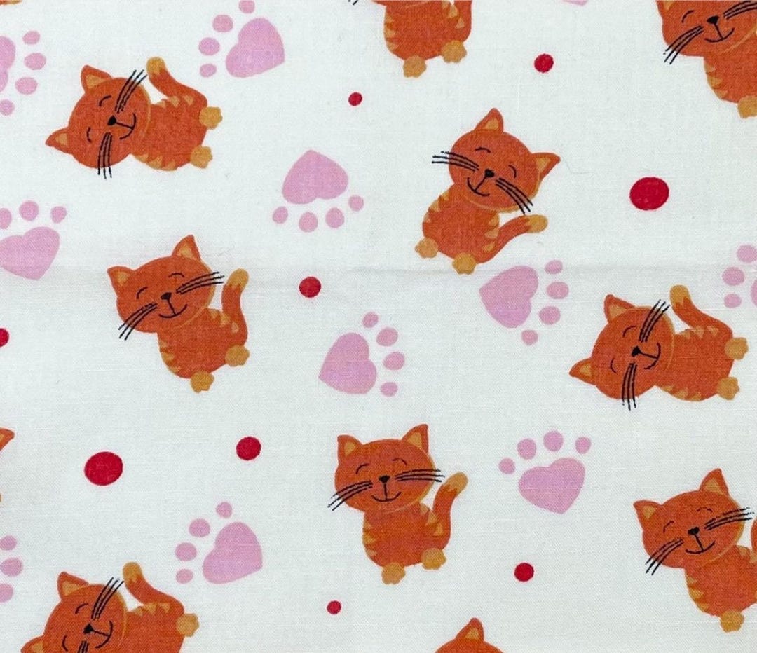 Rust Colored Cats With Pink Paw Prints on White Fabric Fat Quarter ...
