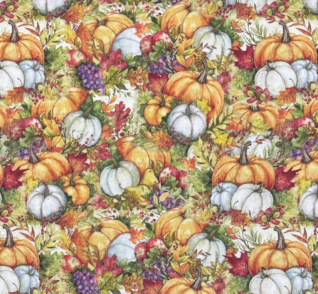 Fall Harvest Pumpkins on Cream Cotton Woven Fabric. Thanksgiving Packed ...