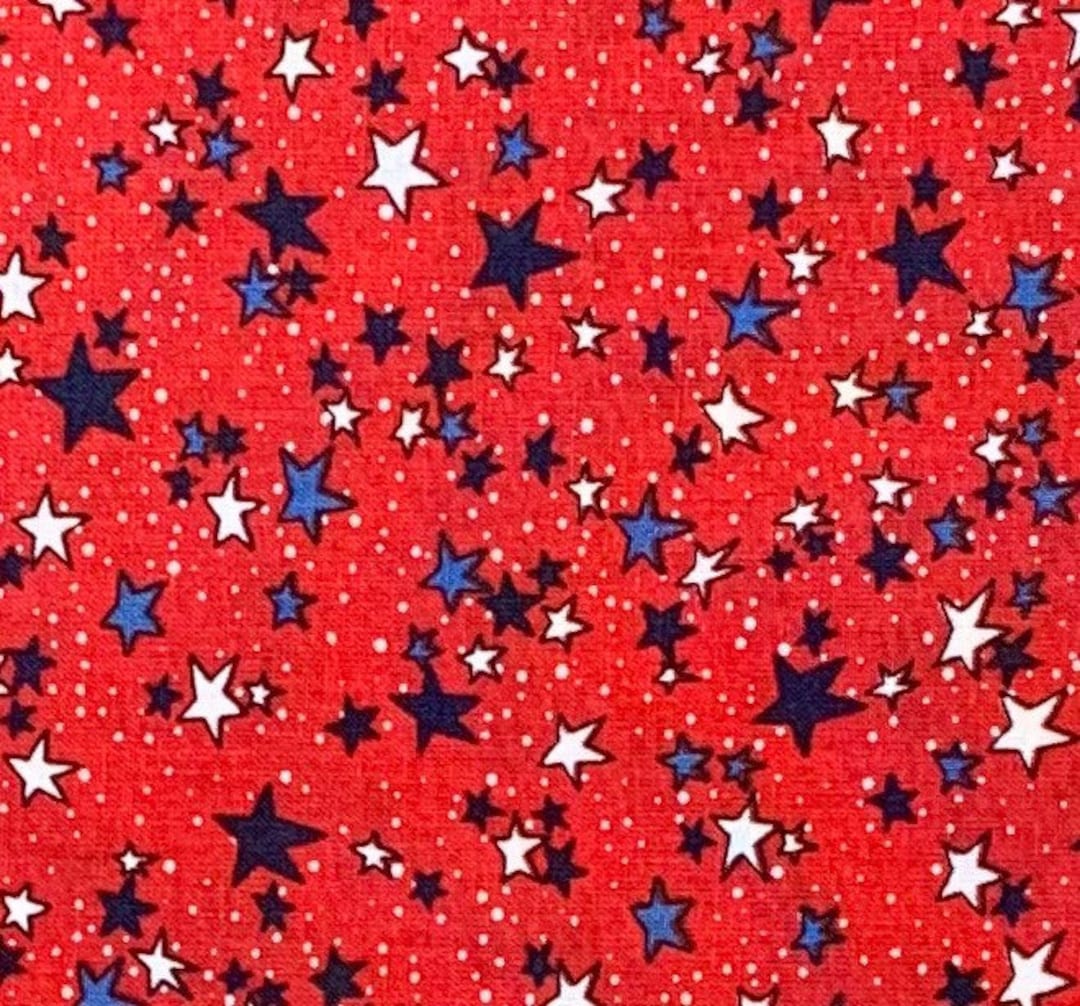 Red, White and Blue Stars on Red Fabric, Fourth 4th of July Cotton ...