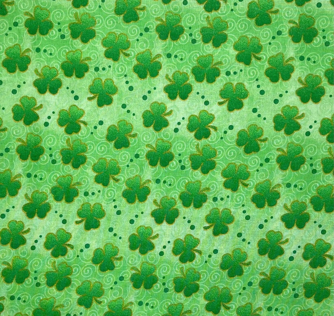 Shamrock Swirls St. Patrick’s Day Green Fabric, Gold Shimmer Glitter ...