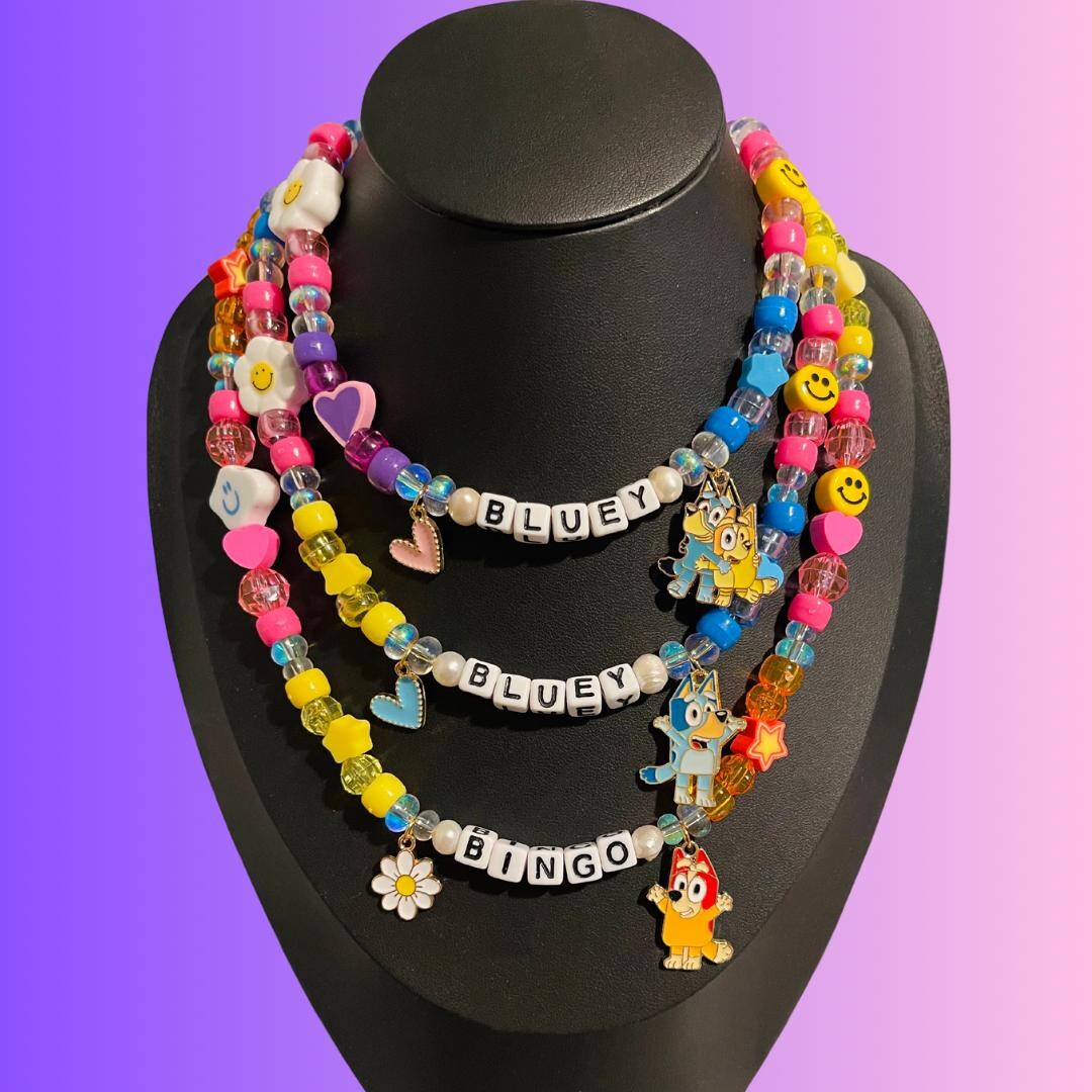 Bluey Bingo Beaded Necklace With Charms, Colorful Statement Jewelry ...
