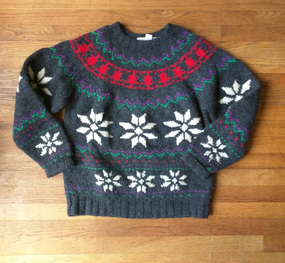 Hand-knit Wool Sweater Snowflake Nineties Gray Red Fair Isle Medium ...