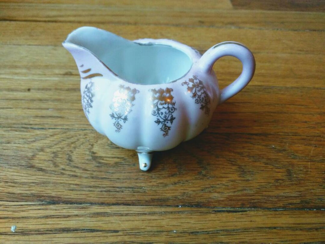 Bone China Creamer Pitcher Pretty Pink White Gold Legs Pumpkin Shape ...
