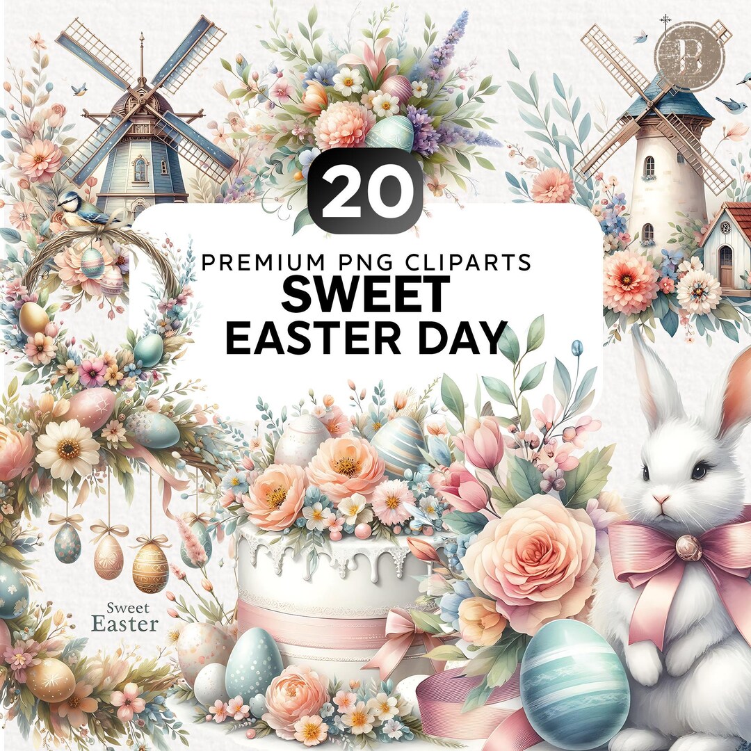 20 Watercolor Sweet Easter Clipart PNG Bundle, Floral Easter Clipart ...