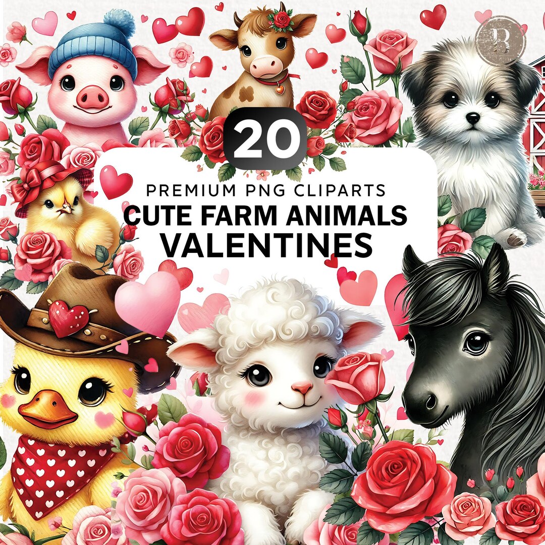 20 Watercolor Cute Valentines Farm Animals Clipart Bundle, Farm Animal ...