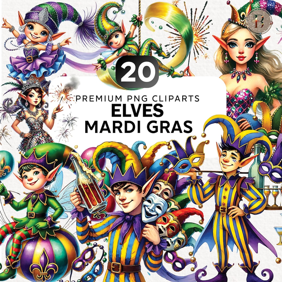 20 Watercolor Mardi Gras Elves Clipart PNG Bundle, Festive Elf Clipart ...
