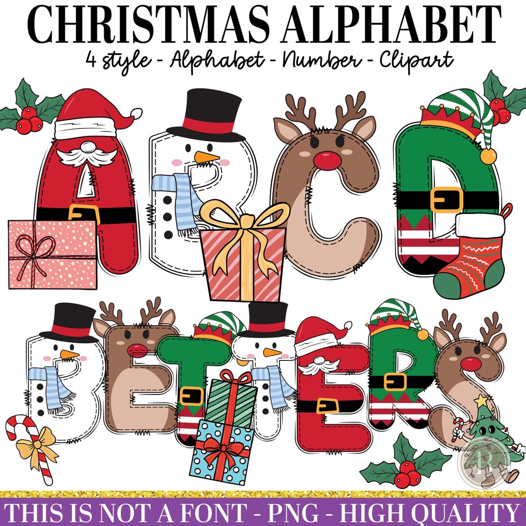 Christmas Letters Png Bundle, 4 PNG Doodle Alphabet, Merry Christmas ...
