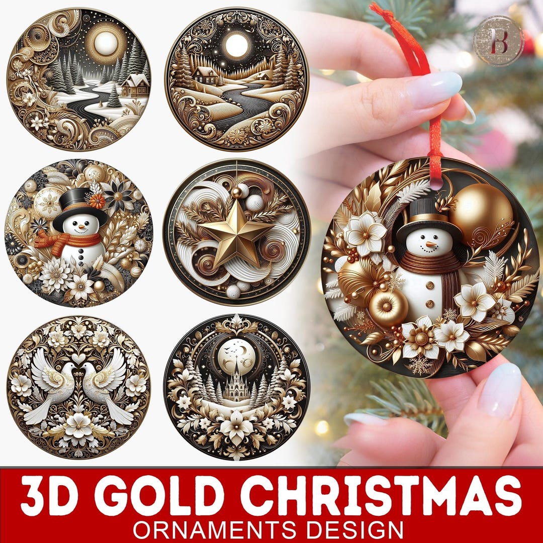 20 3D Gold Metallic Ornament Bundle, Christmas Santa Claus Ornament ...
