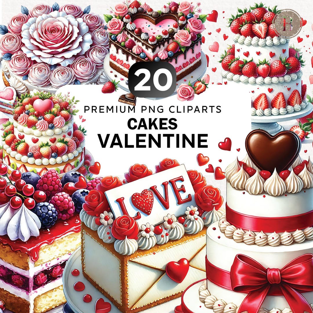 20 Watercolor Valentines Cakes Clipart Bundle, Valentine's Baking Png ...