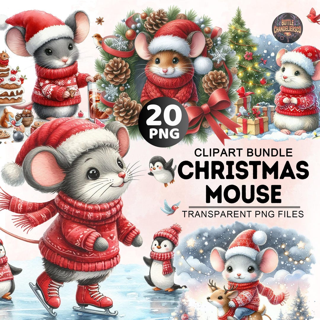 20+ Cute Christmas Mouse Clipart Bundle, Watercolor Christmas Mouse ...