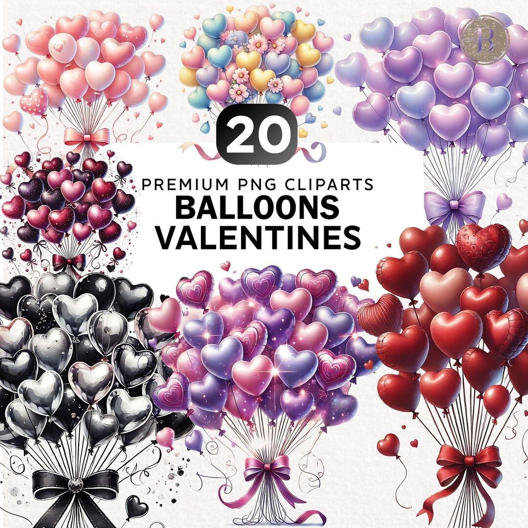 20 Watercolor Valentine's Day Balloons Clipart Bundle, Valentines Heart ...