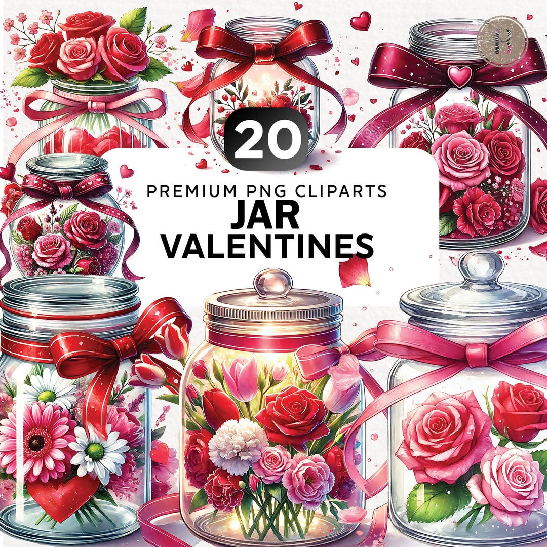 20 Watercolor Valentines Jar Clipart Bundle, Valentines Jar Png, Flower ...