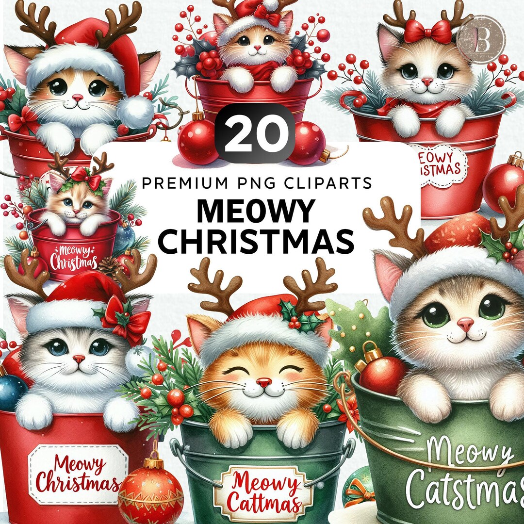 20 Watercolor Meowy Christmas Bundle, Cats Christmas Clipart Png ...