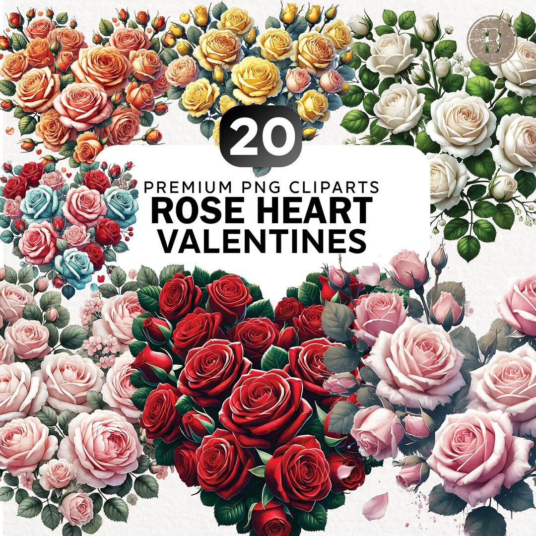 20 Watercolor Valentine Rose Heart Clipart Bundle, Rose Heart Png ...
