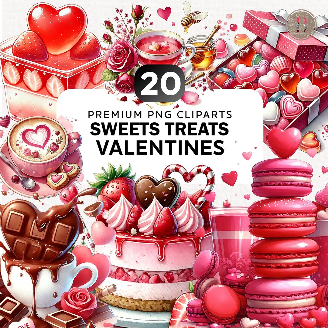 20 Watercolor Valentine Food Clipart Bundle, Valentine Sweets Treats ...
