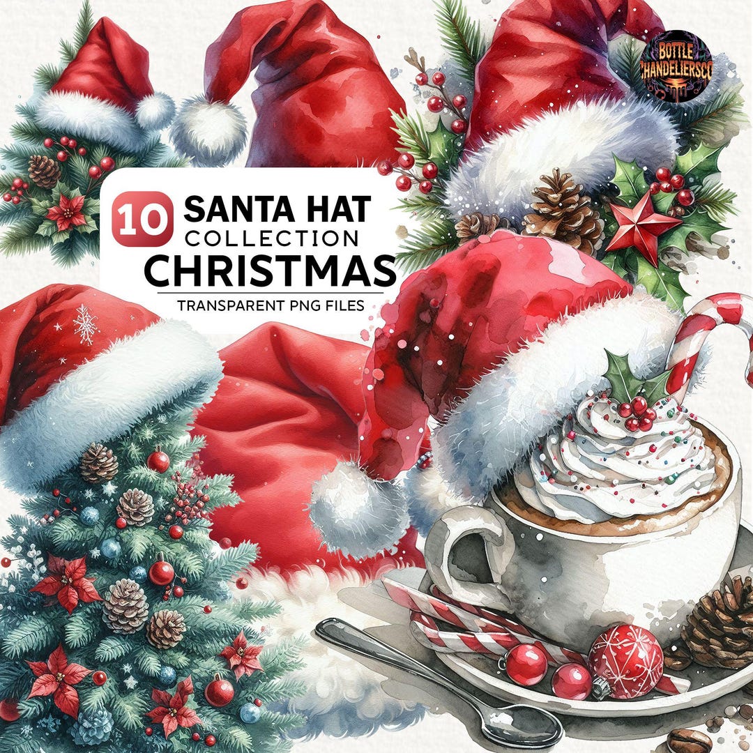 10+ Watercolor Santa Hat Clipart Bundle, Christmas Bundle Png ...