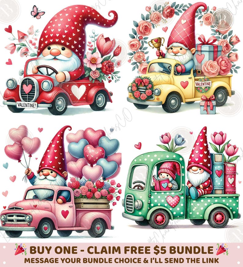Valentines Gnomes Car Clipart Bundle, 20 PNG Watercolor Gnomes ...