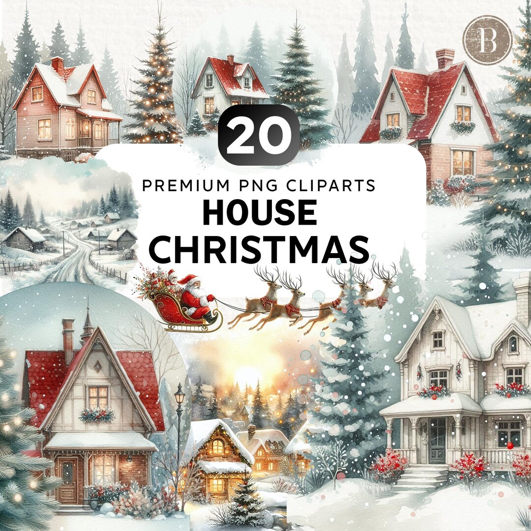 Watercolor Christmas House Clipart Bundle, 20 Png Christmas Card ...