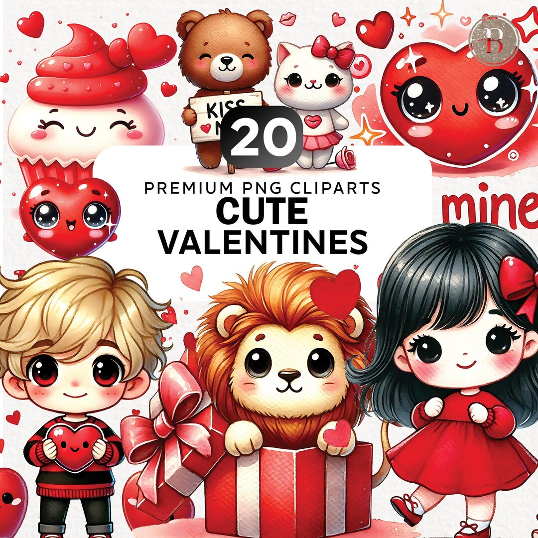 20 Watercolor Cute Valentines Clipart Bundle, Cute Valentines Png ...