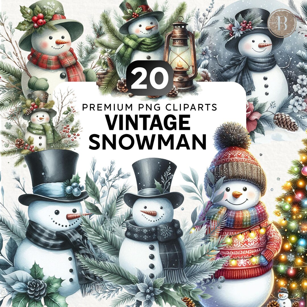 20 Watercolor Vintage Snowman Bundle, Snowman Winter Clipart Png ...