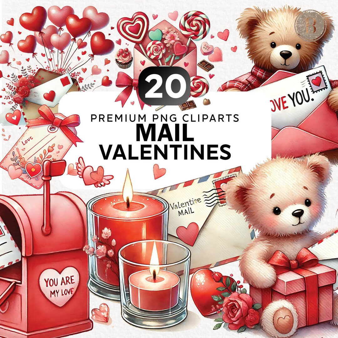 20 Watercolor Valentines Mail Clipart Bundle, Valentine Love Letter Png ...