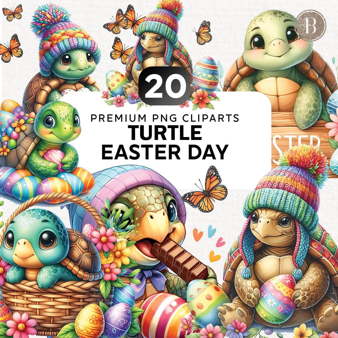 20 Watercolor Easter Turtle Clipart PNG Bundle, Bunny Turtle Clipart ...