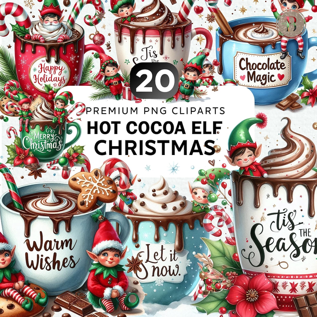 20 Watercolor Christmas Hot Cocoa Elf Bundle, Christmas Elf Clipart Png ...