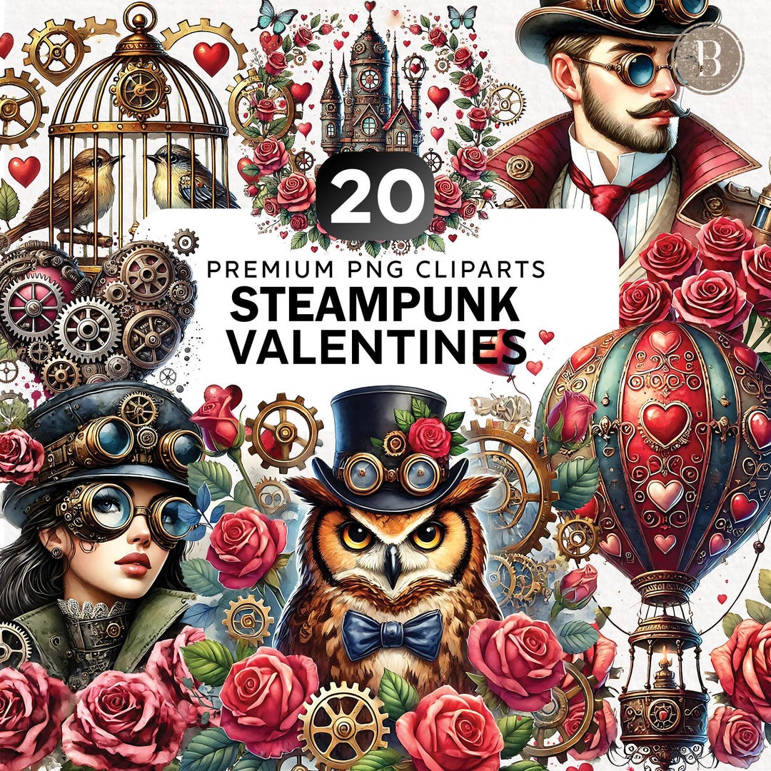 20 Watercolor Steampunk Valentines Clipart Bundle, Valentines ...
