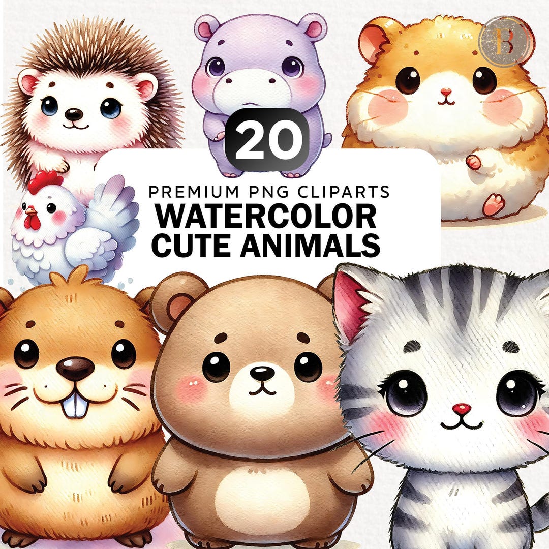 20 Watercolor Cute Animals Clipart Bundle, Watercolor Animals Png, Cute ...