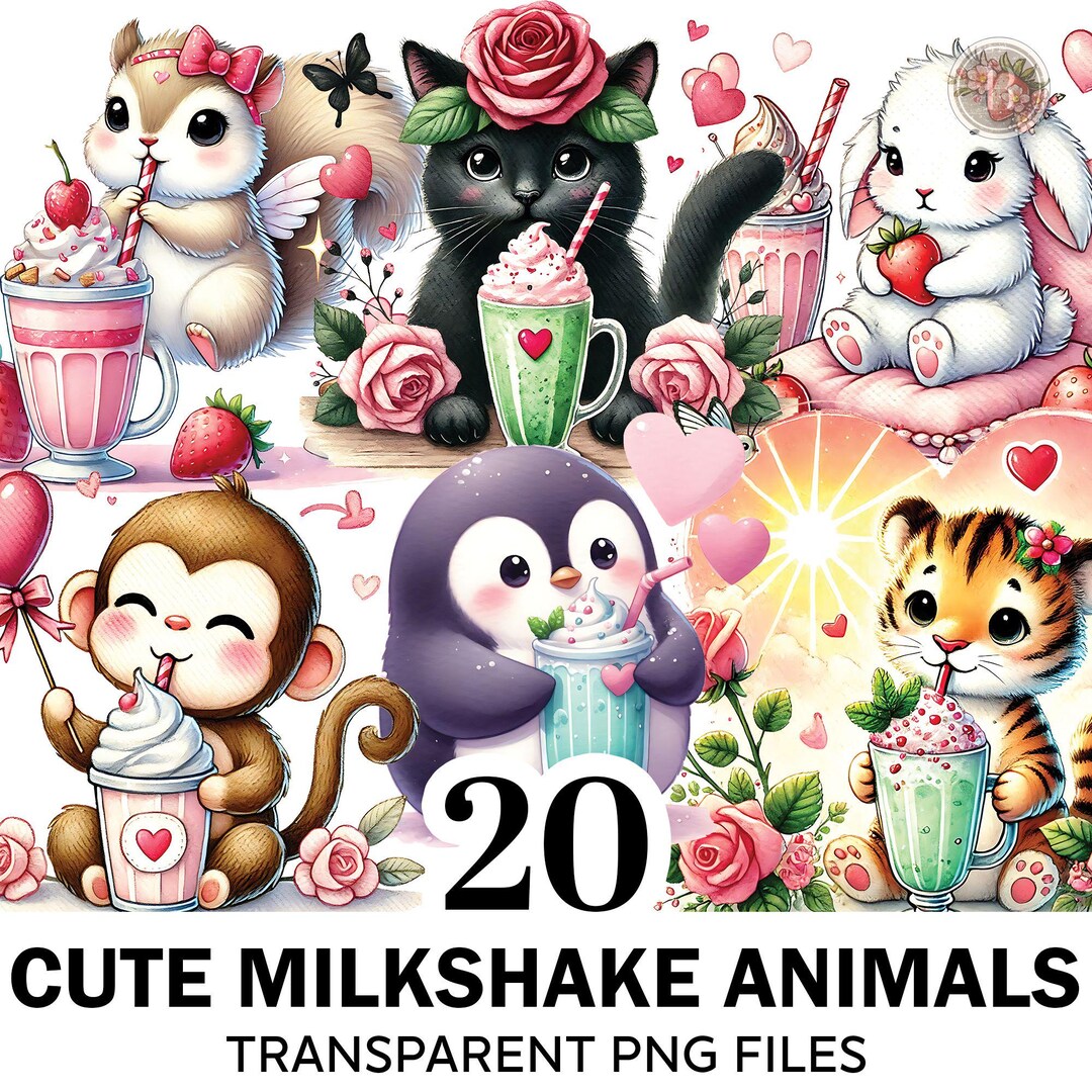 Watercolor Milkshake Animals Clipart Bundle, 20 PNG Cute Animals ...