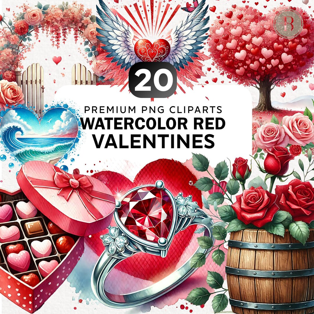 20 Watercolor Red Valentines Clipart Bundle, Sweet Valentines Png, Red ...